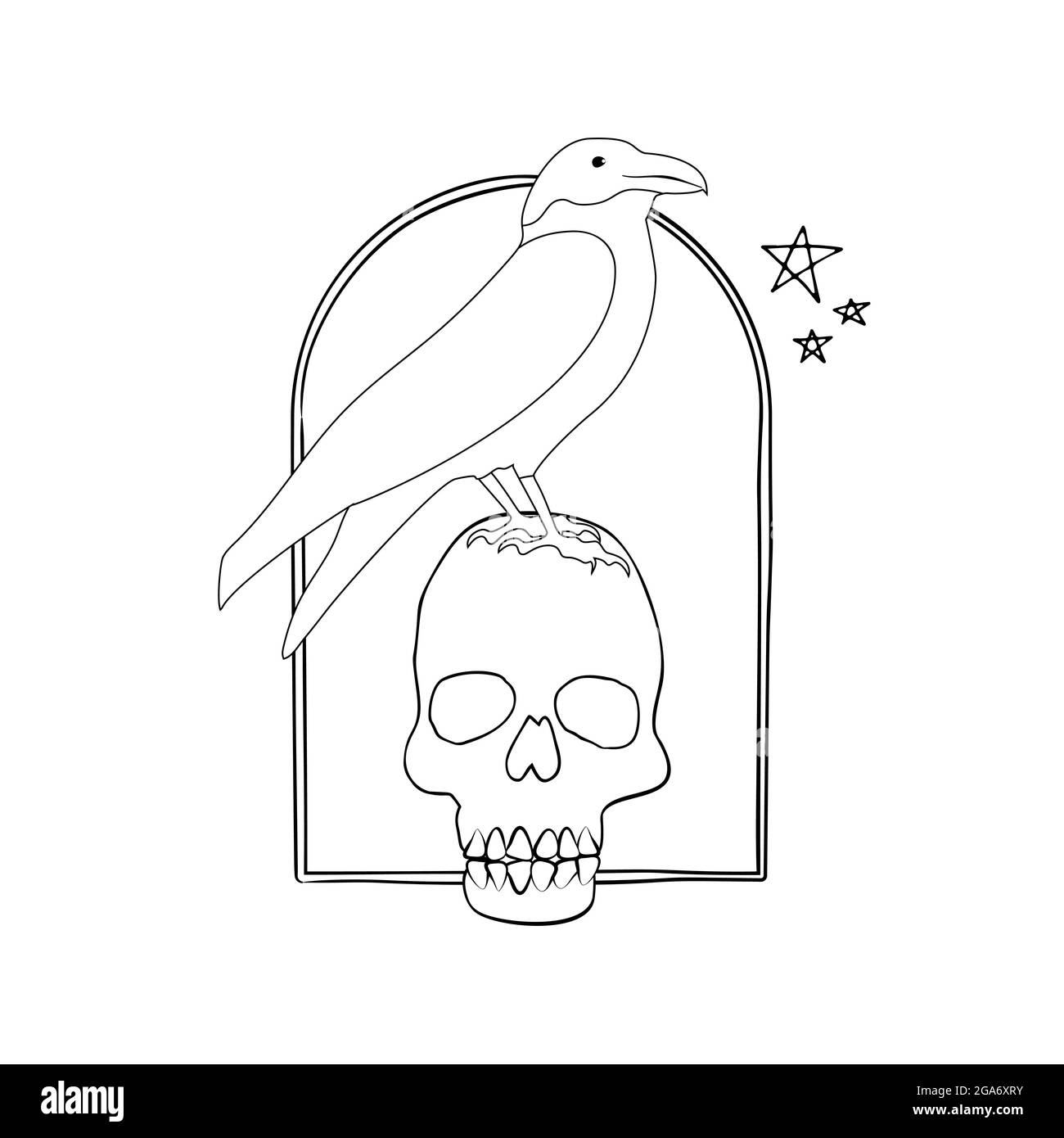 Vintage Mystic Crow sitting on human skull inside arch Stock Vector ...