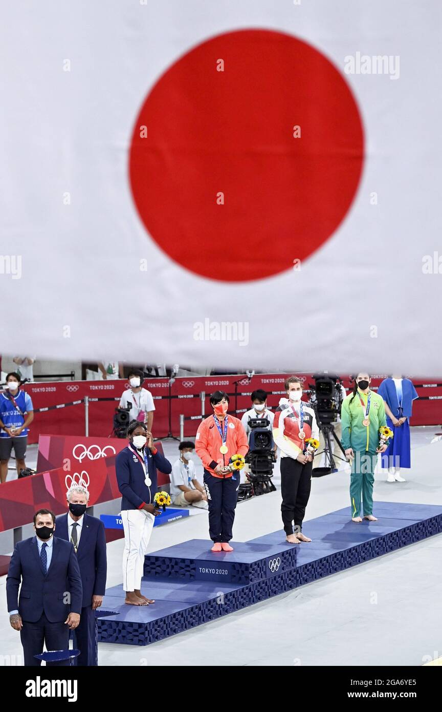 Shori Hamada of Japan (2nd from L on the podium) is pictured with her ...