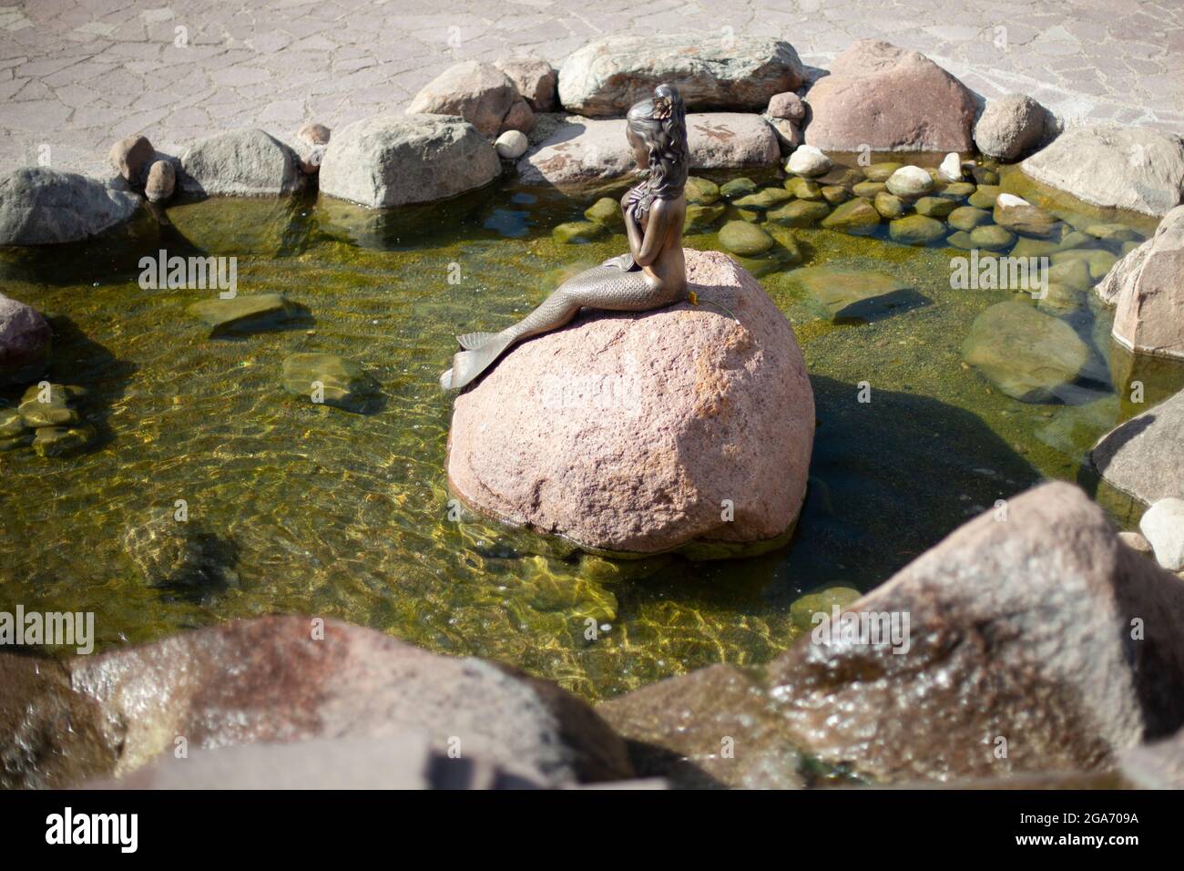 Sculpture of a mermaid on a stone. Making a pond. Landscape design with ...