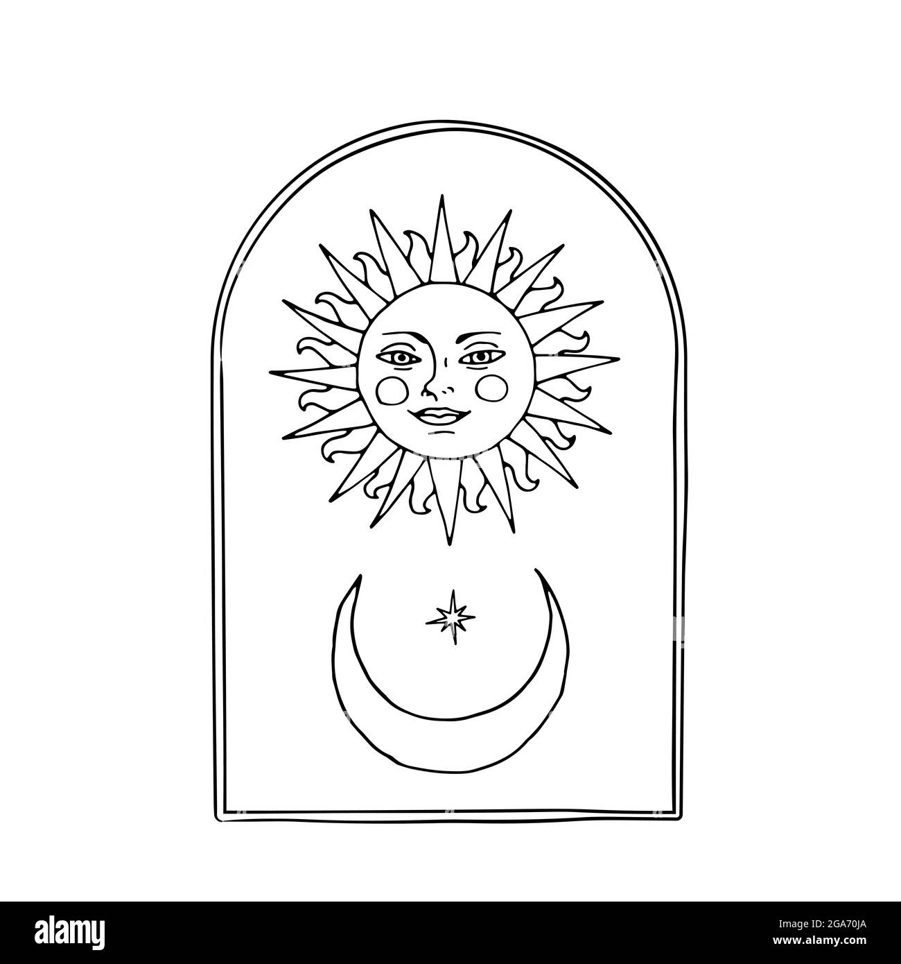 Vintage Mystic Sun and half Moon illustration with decorative arch ...