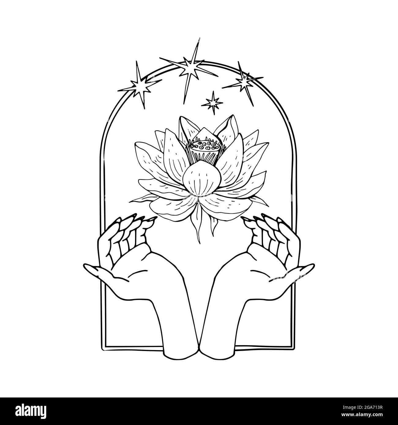 Vintage Mystic hands and lotus flower bloom inside arch with stars ...
