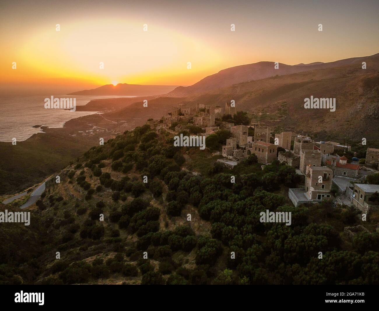 Aerial view of Vathia village at sunset. Vathia, Mani, Laconia ...
