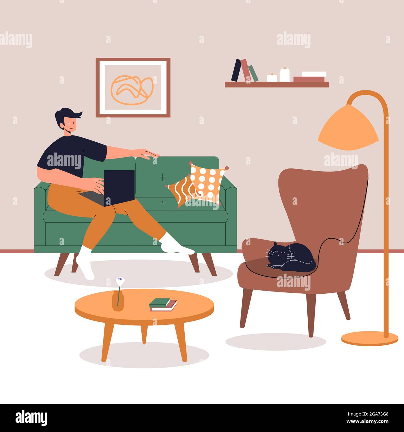 Young male character is sitting on the couch with a laptop. The cat is ...