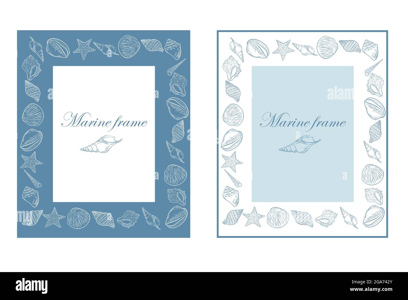 Set of rectangular marine frames with seashells, vector illustration ...