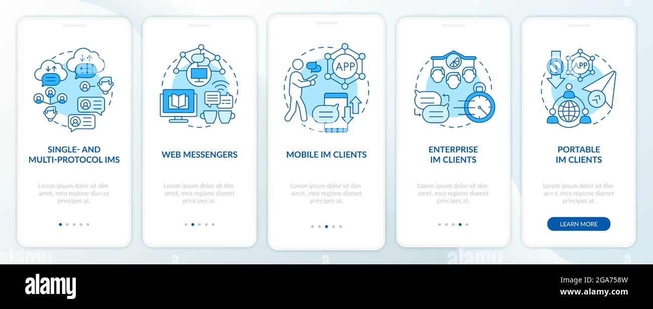 Instant Messaging Software Types Blue Onboarding Mobile App Page Screen