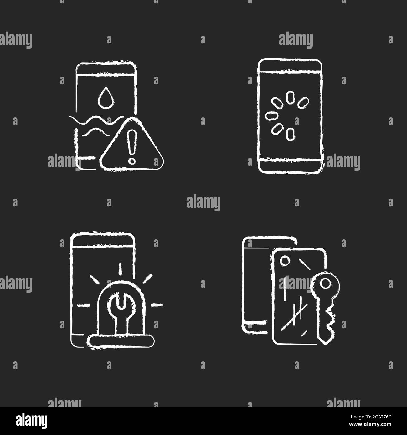 Usual mobile phone problems chalk white icons set on dark background ...