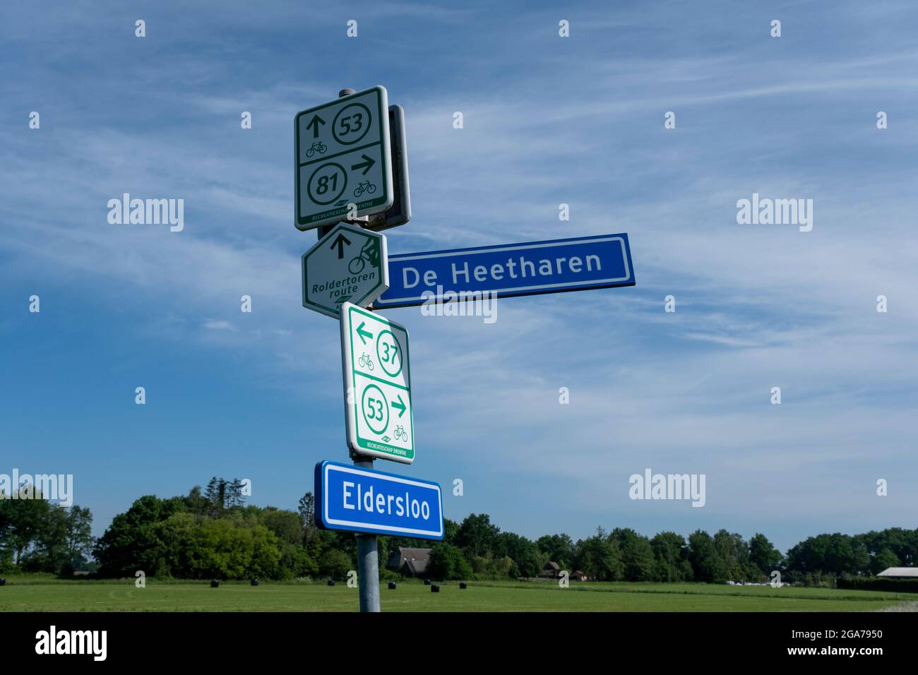 Dutch cycling route signage in the province Drenthe with typical dutch ...