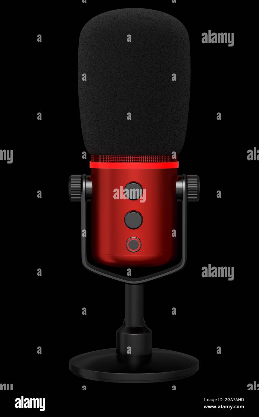 3D rendering of red studio condenser microphone isolated on black ...