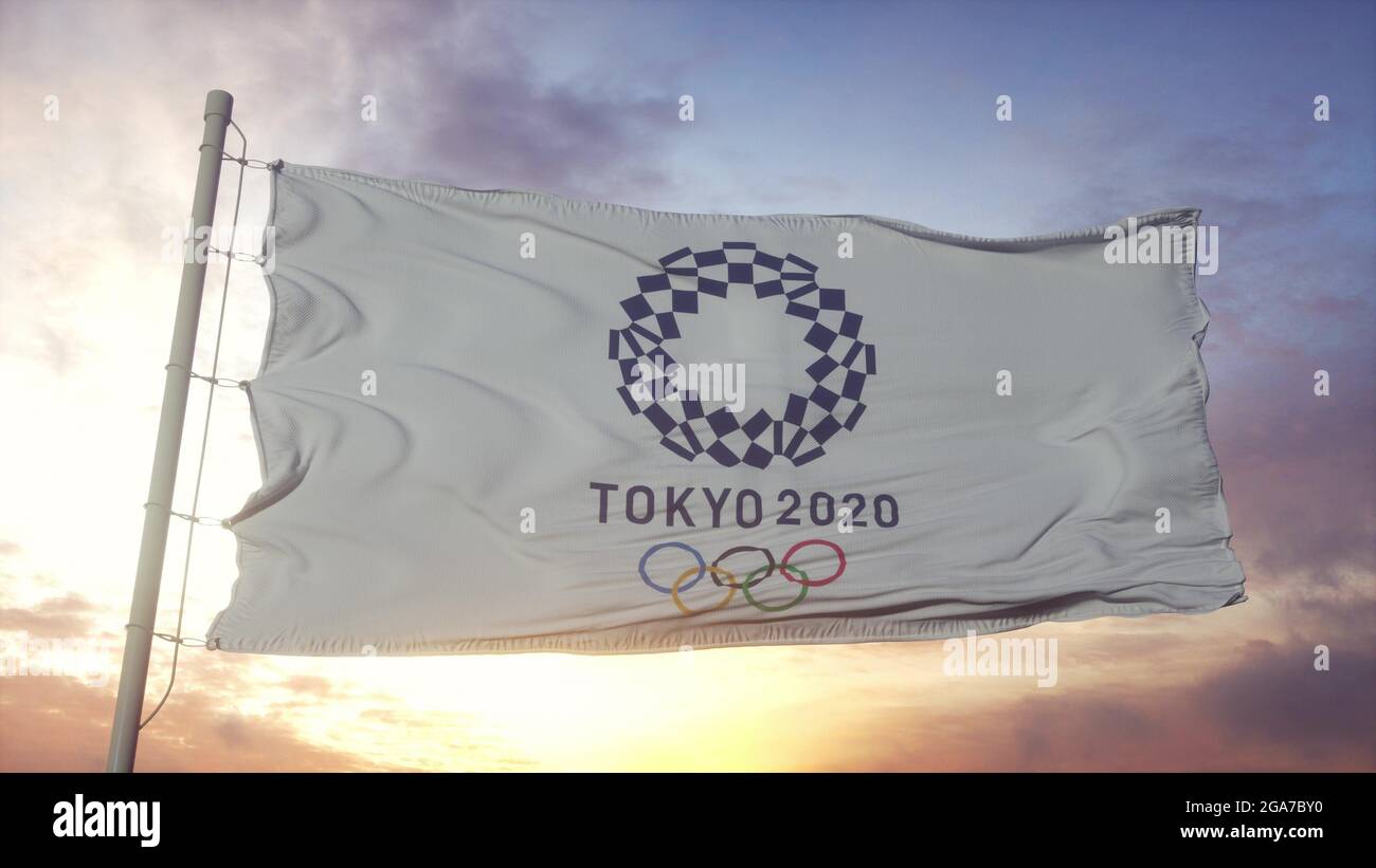 Flag of the olympic games in Tokyo 2020 fluttering in the wind. 3d ...