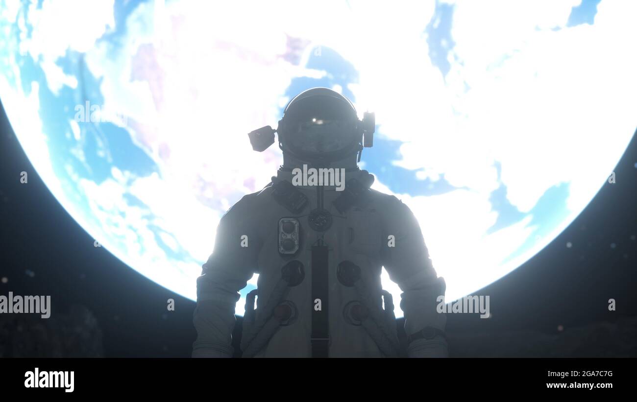 Alone astronaut stands on the surface of the moon against the backdrop ...