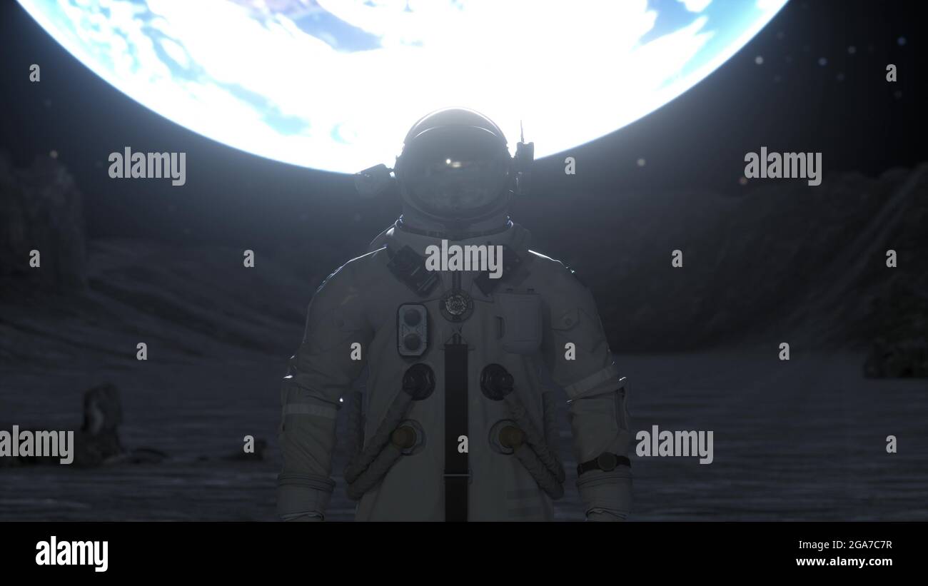 Alone astronaut stands on the surface of the moon against the backdrop ...