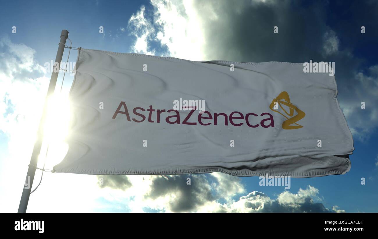 Flag of Astrazeneca sign waving in the wind. 3d rendering Stock Photo ...