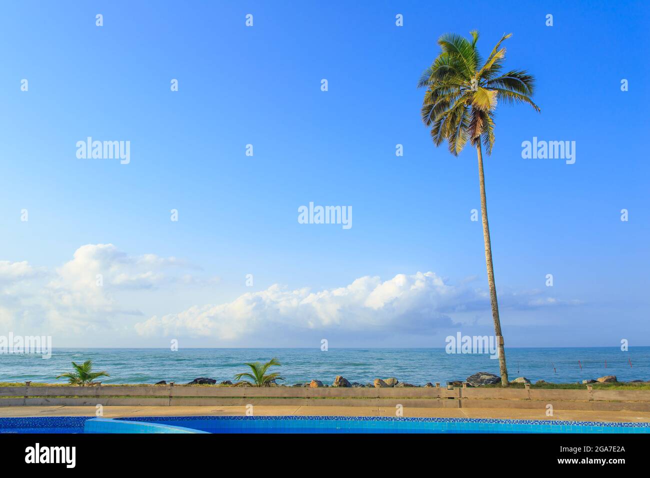 Pool beside sea and coconut palm tree with blue sky in Cape Cost, Ghana ...