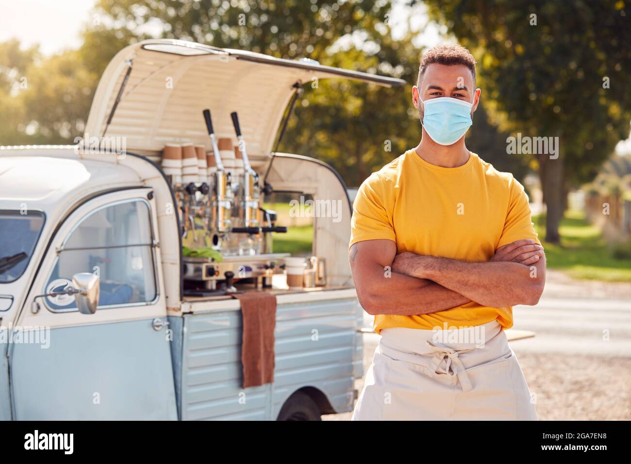 Portrait Of Man Wearing Face Mask Running Independent Mobile Coffee ...