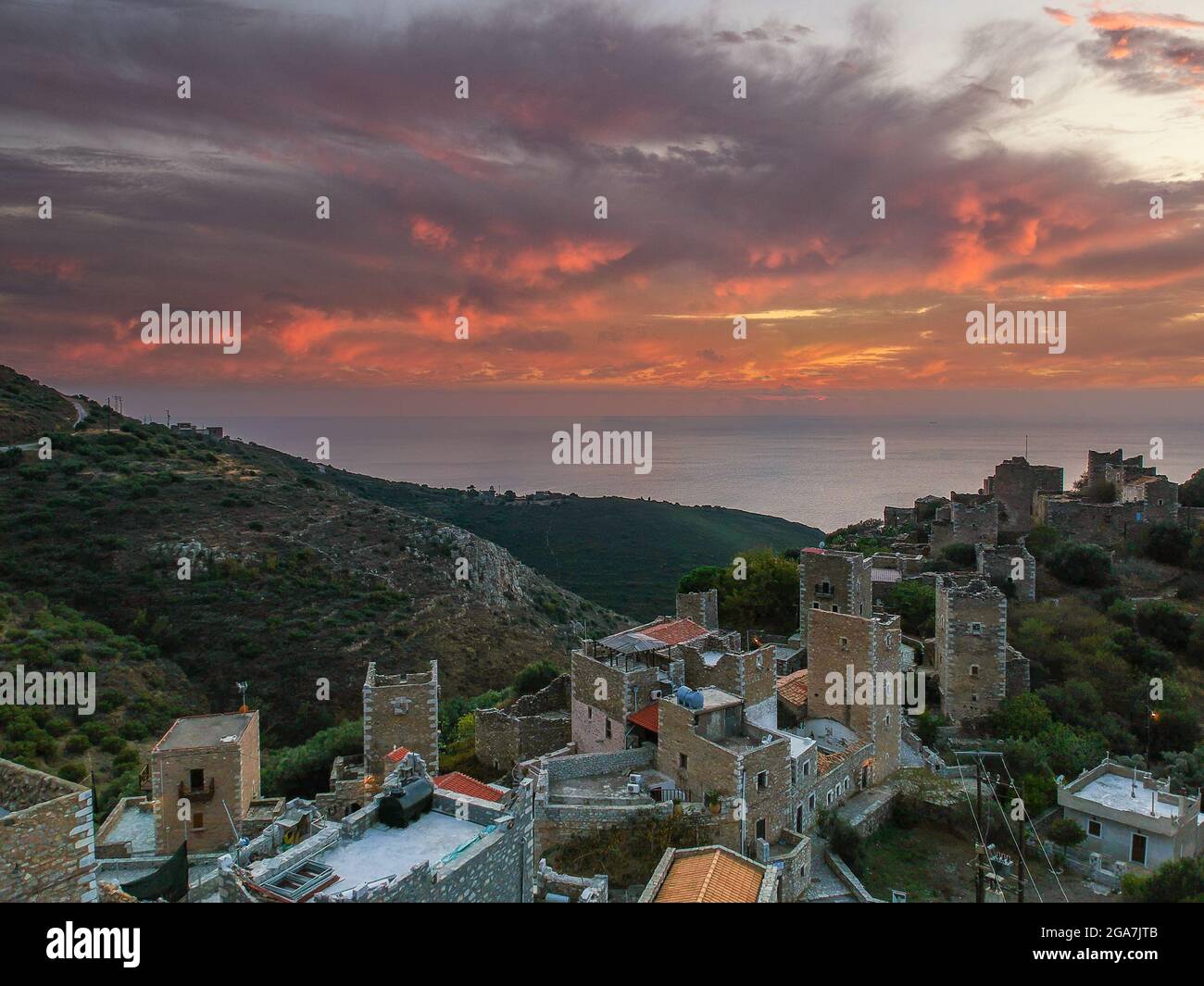 Aerial view of Vathia village against a Dramatic sunset sky. Vathia ...