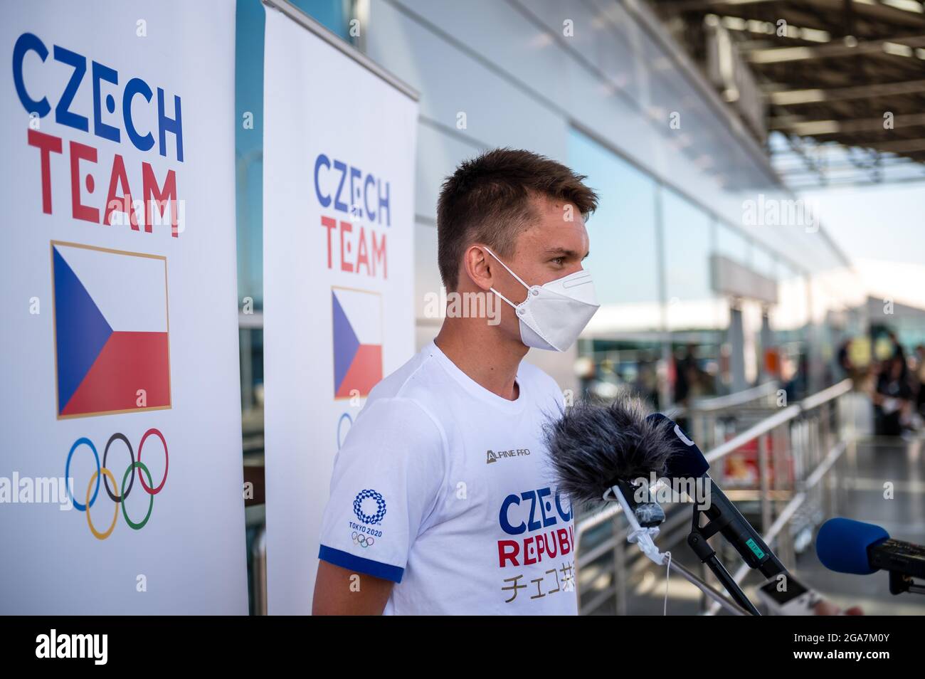 Czech modern pentathlete Martin Vlach speaks to journalists before ...