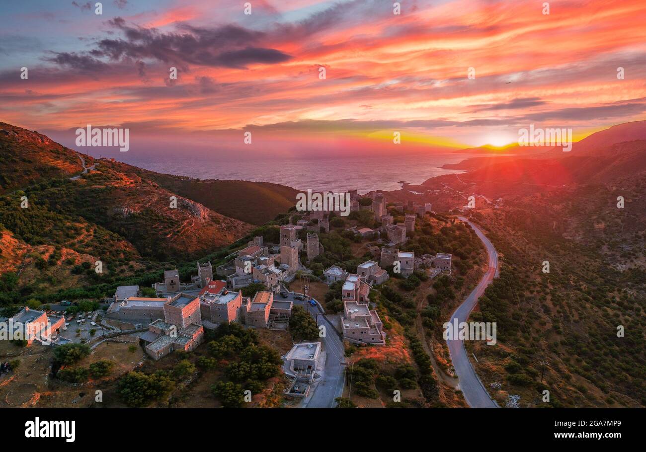 Aerial view of Vathia village against a Dramatic sunset sky. Vathia ...