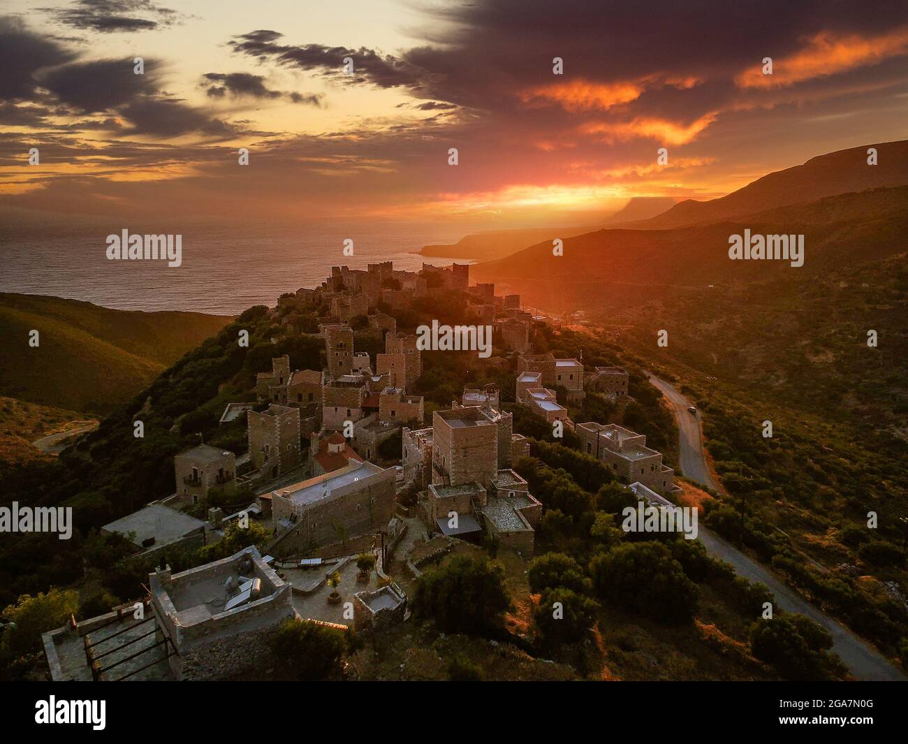 Aerial view of Vathia village against a Dramatic sunset sky. Vathia ...
