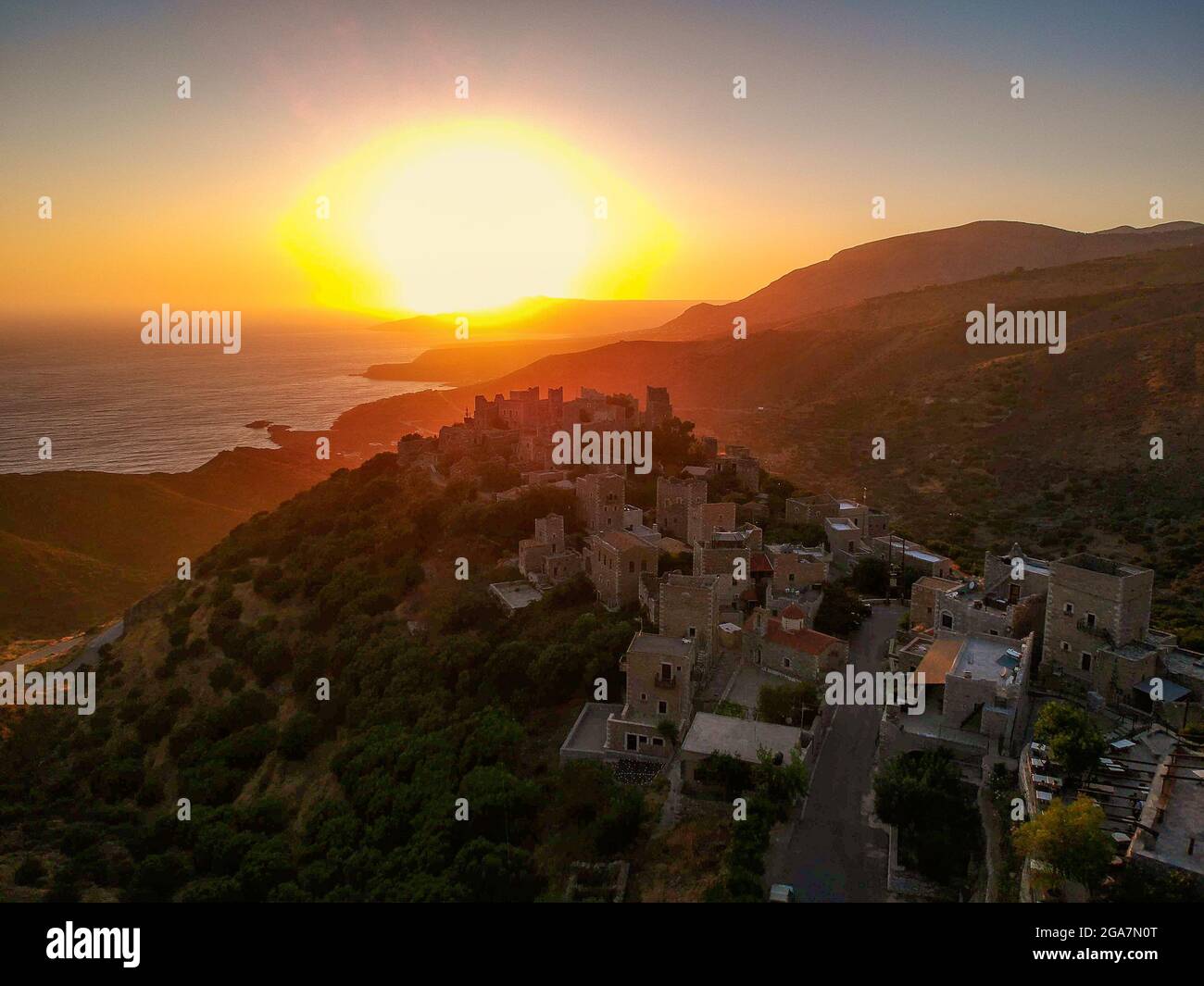 Aerial view of Vathia village against a Dramatic sunset sky. Vathia ...