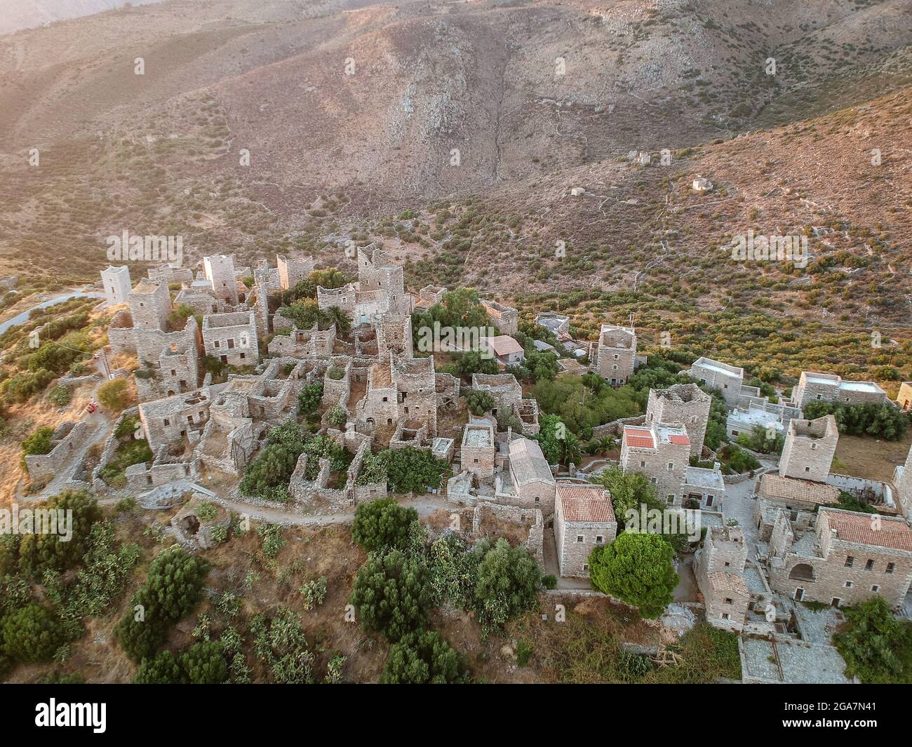 Aerial view of Vathia village at sunset. Vathia, Mani, Laconia ...