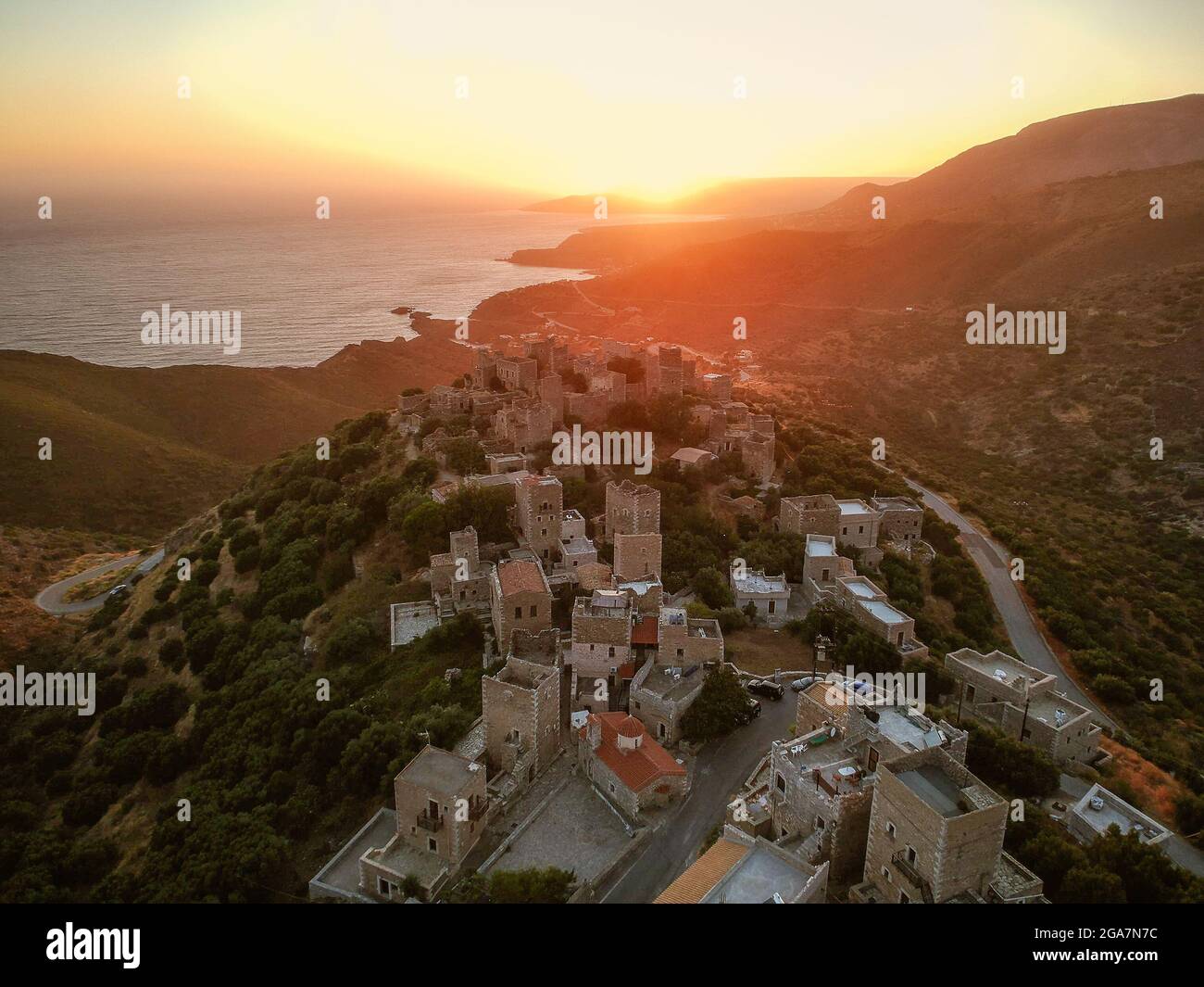 Aerial view of Vathia village at sunset. Vathia, Mani, Laconia ...