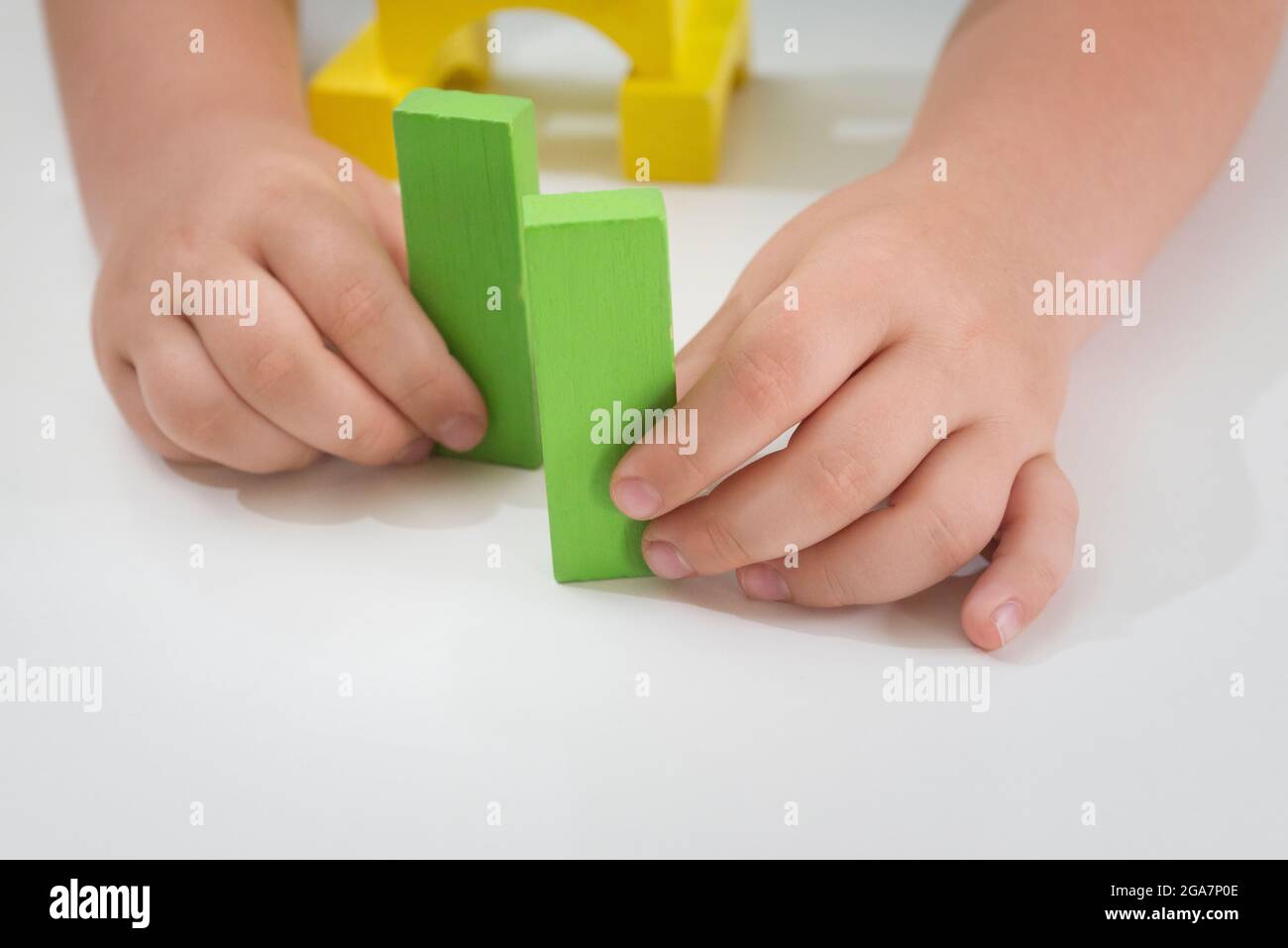 Boy Playing Building Wooden Blocks Stock Photo - Alamy