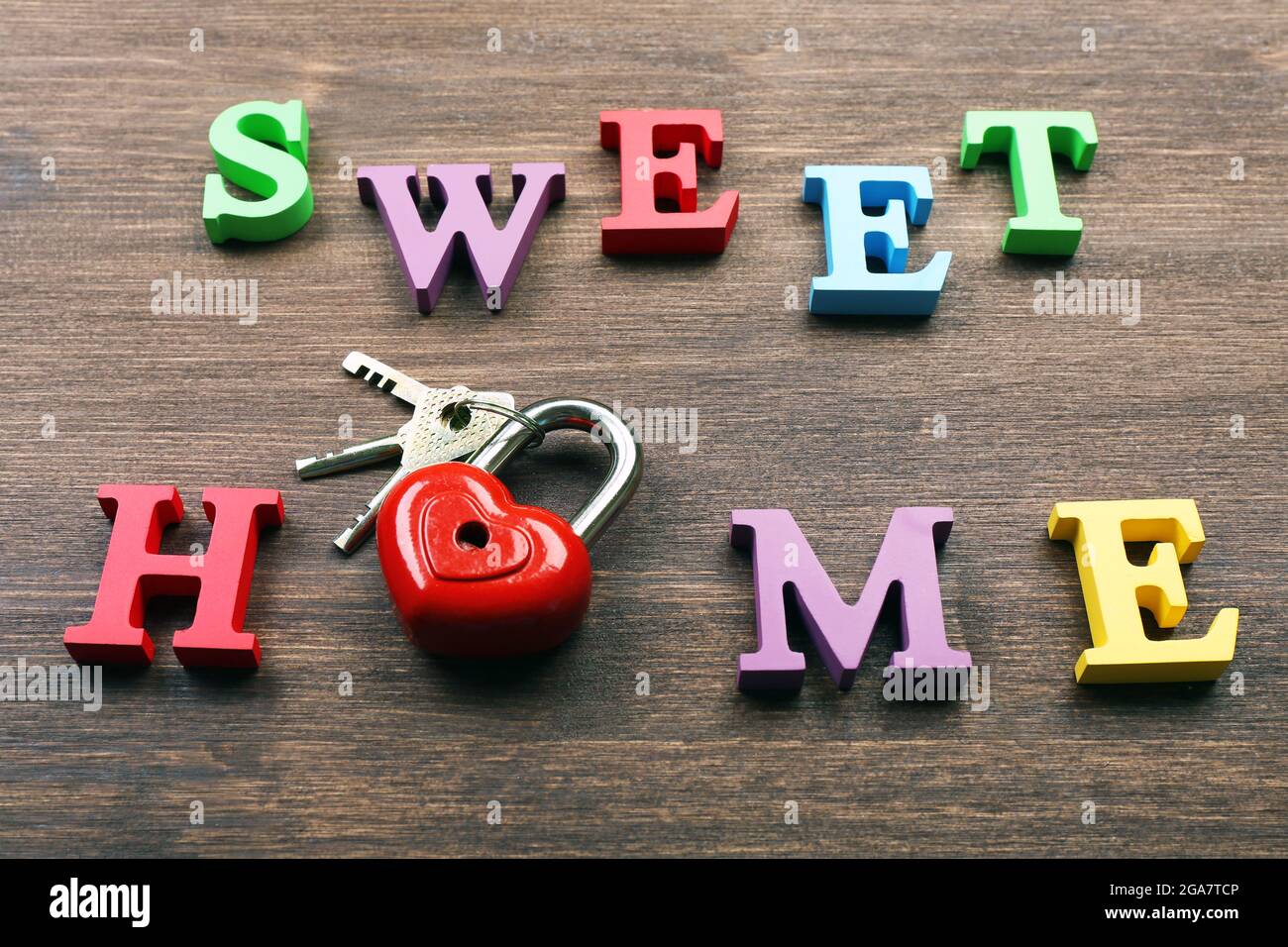Decorative letters forming words SWEET HOME with lock and keys on ...