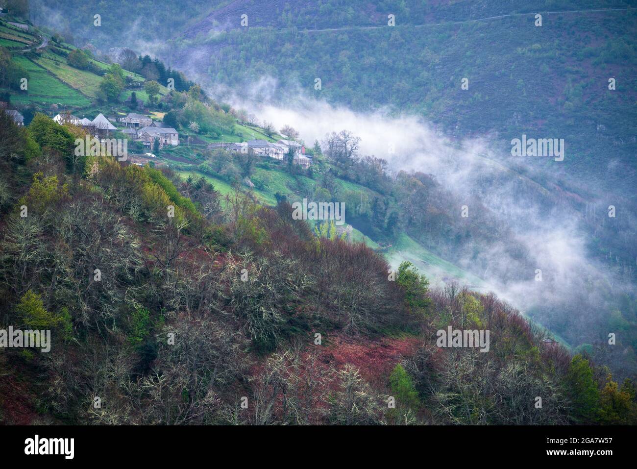 A mountain village wakes up in the mist at the end of winter in Ancares ...
