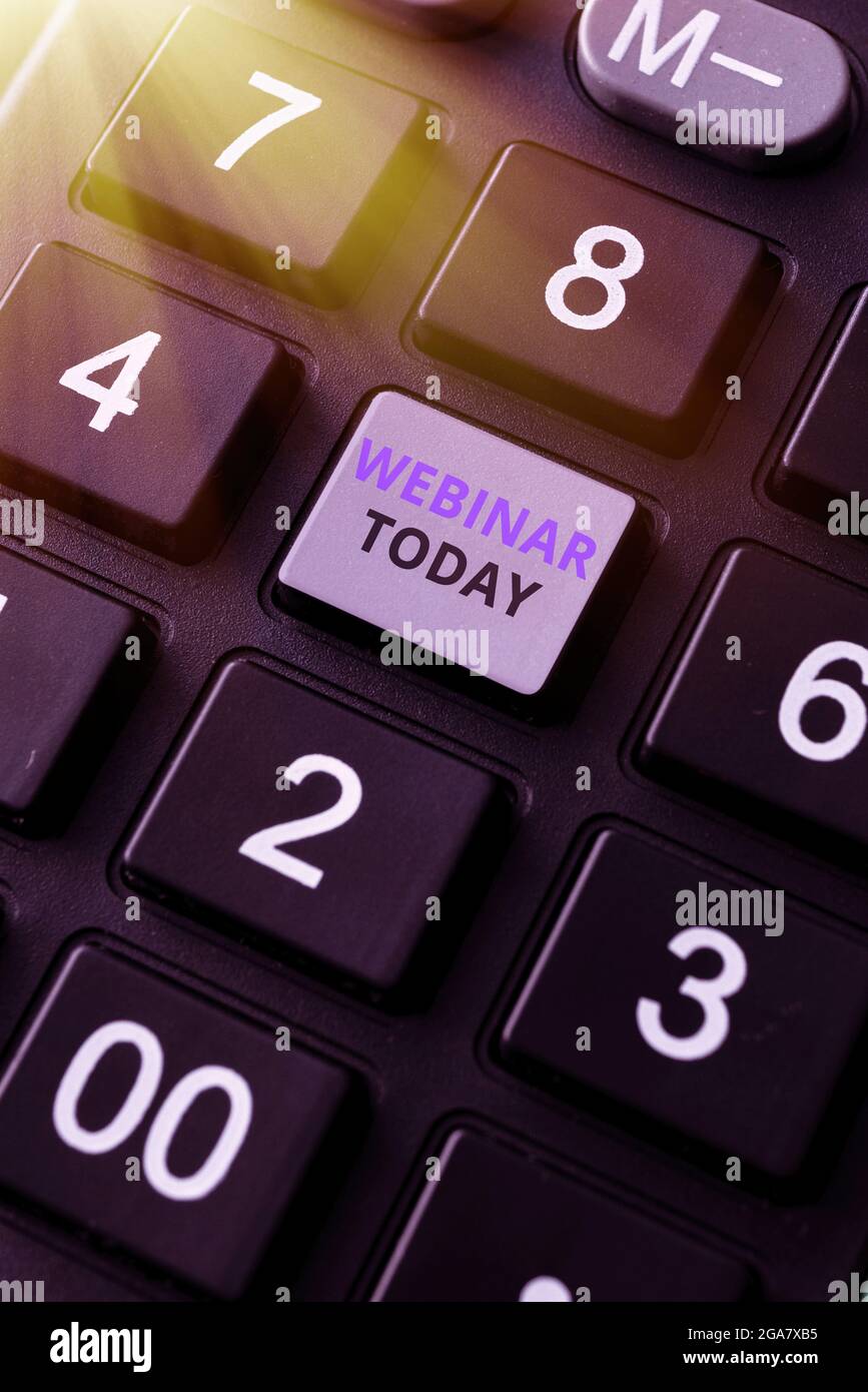 Hand writing sign Webinar Today. Business overview live online ...