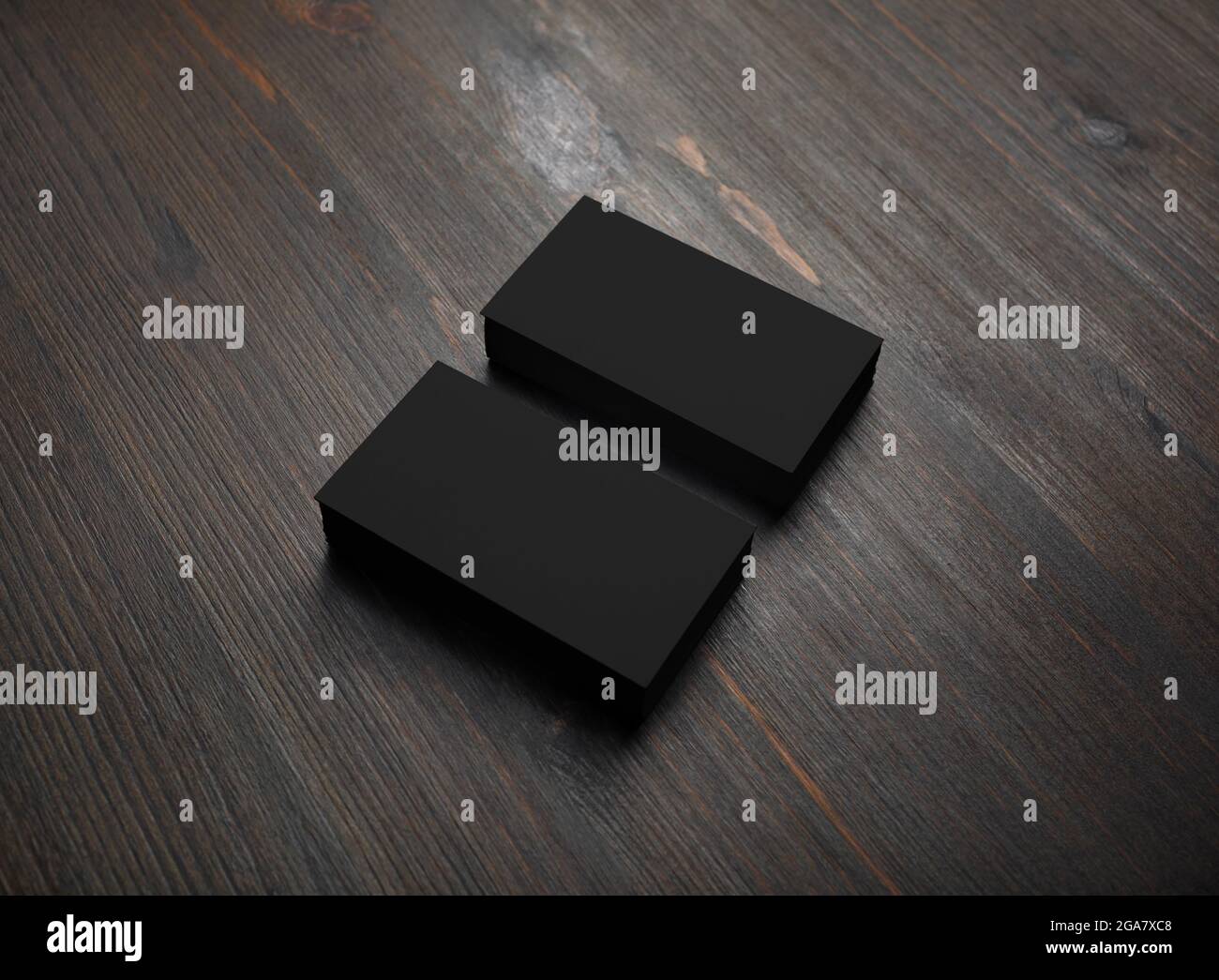 Two stacks of blank black business cards on wooden background. Template ...