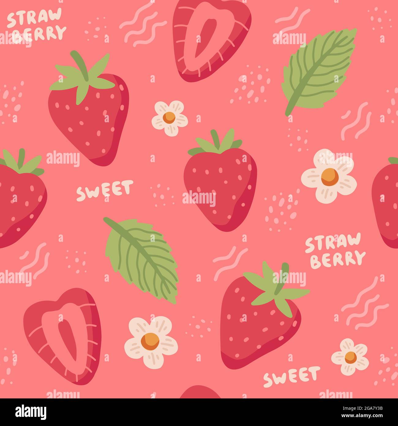 Strawberry hand drawn seamless pattern. Cute colorful strawberries with ...