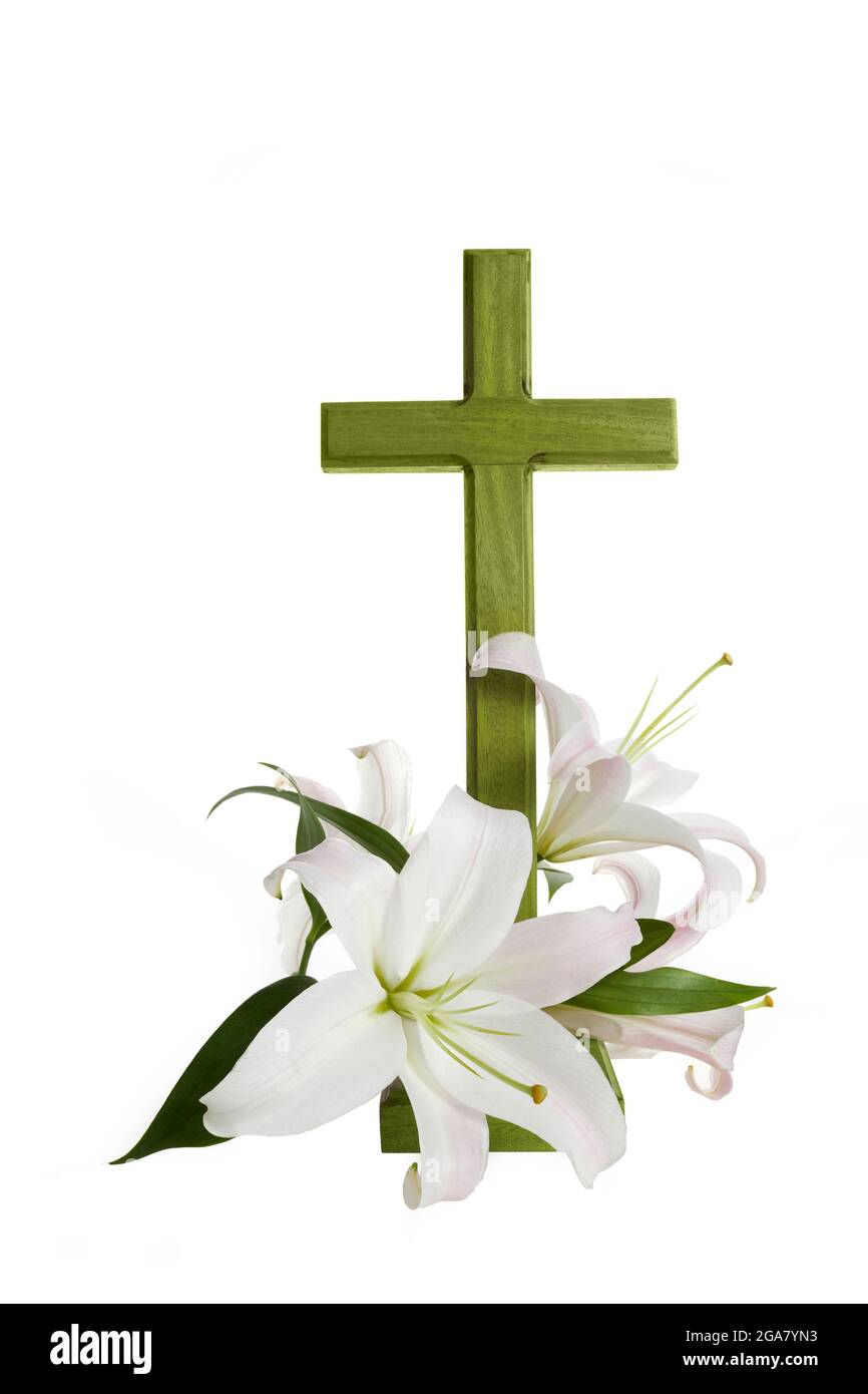 Cross with lilies isolated on white background. Spring background. Easter, baptism or first ...
