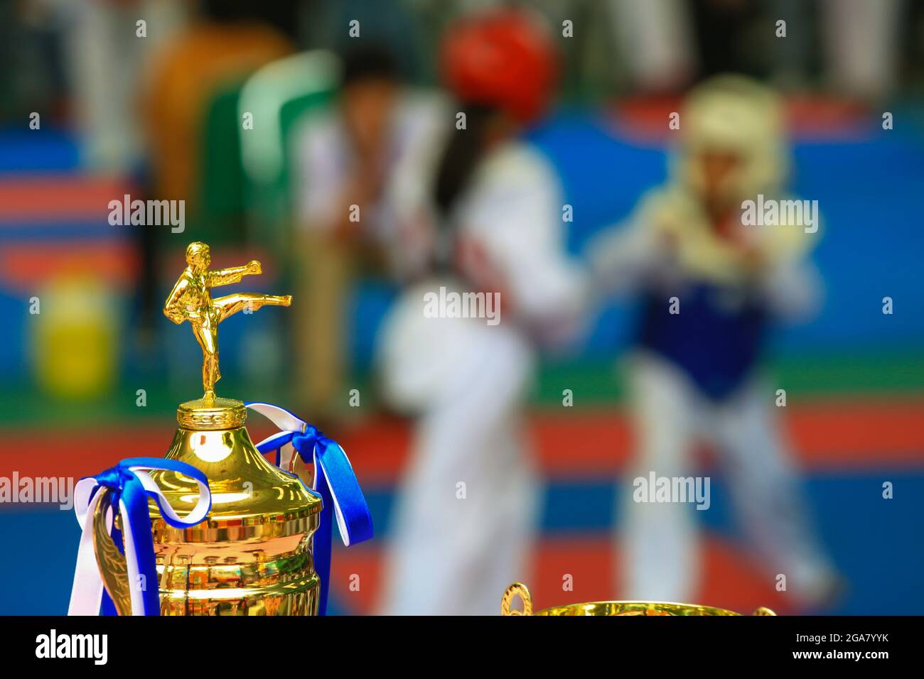 Trophy for Taekwondo contest and athletes fighting in background Stock ...