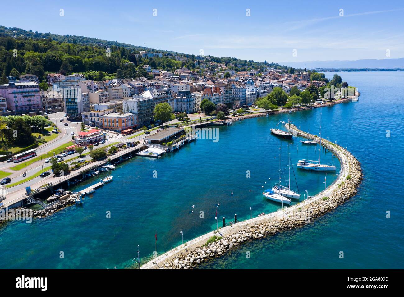 Aerial view of Evian (Evian-Les-Bains) city in Haute-Savoie in France ...