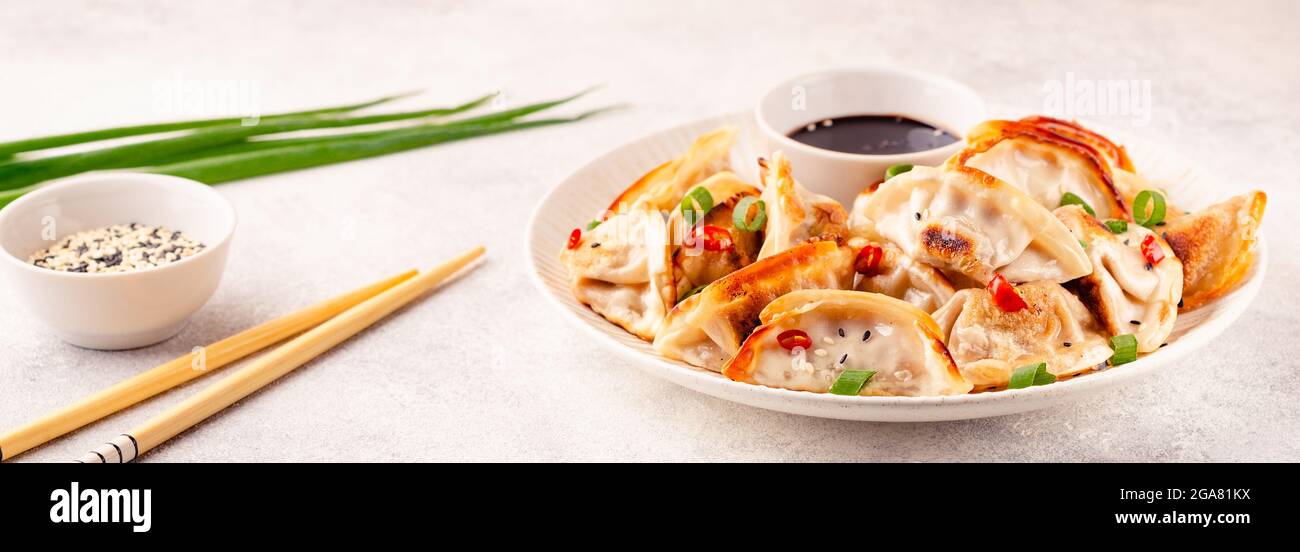 Fried dumplings served with green onions, sesame seeds and chili ...