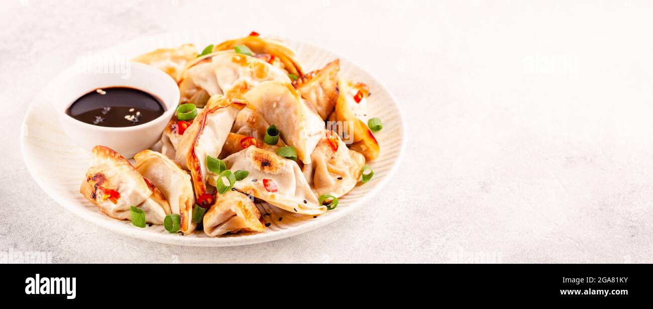 Fried dumplings served with green onions, sesame seeds and chili ...