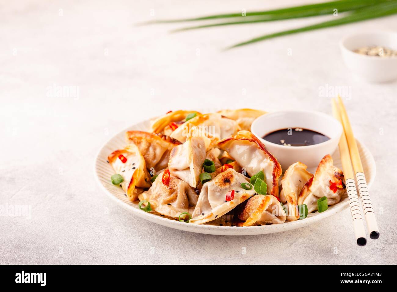 Fried dumplings served with green onions, sesame seeds and chili ...