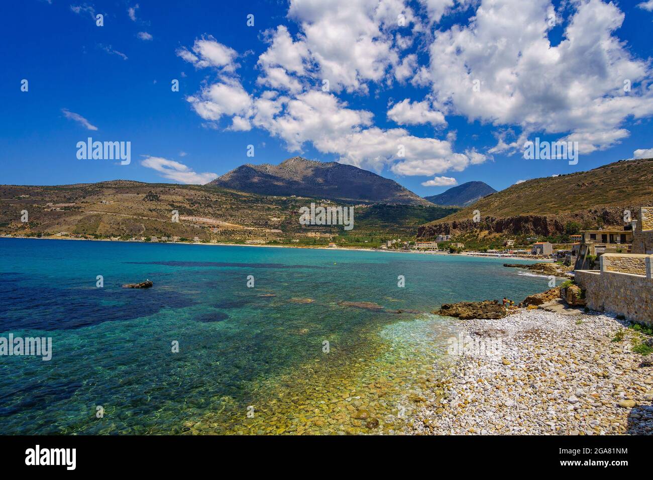 Panoramic view of Neo Oitylo coastal village, it is located in Mani ...