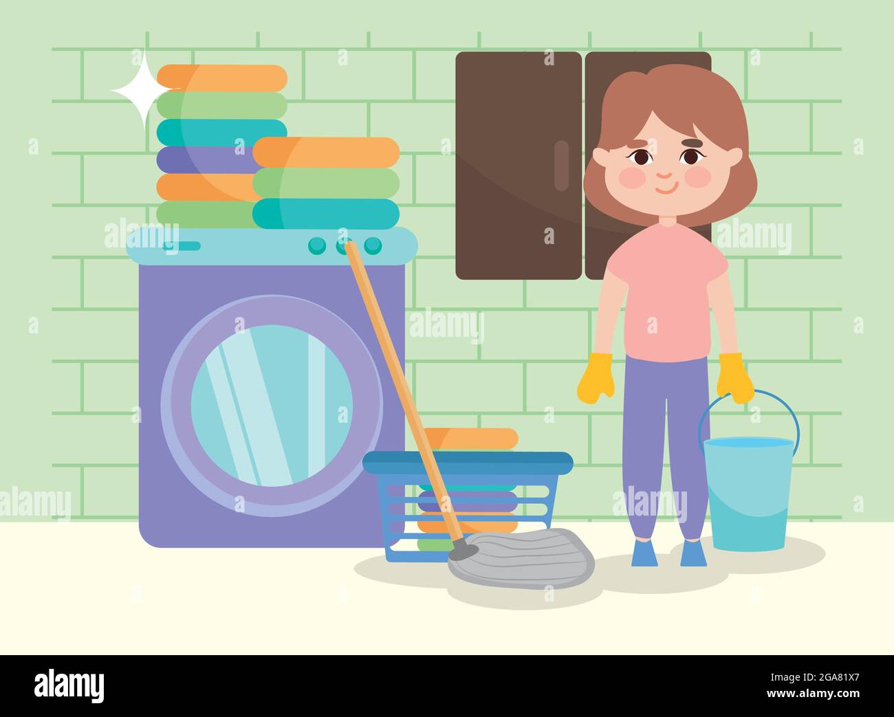 girl with mop and laundry in cleaning room Stock Vector Image & Art - Alamy