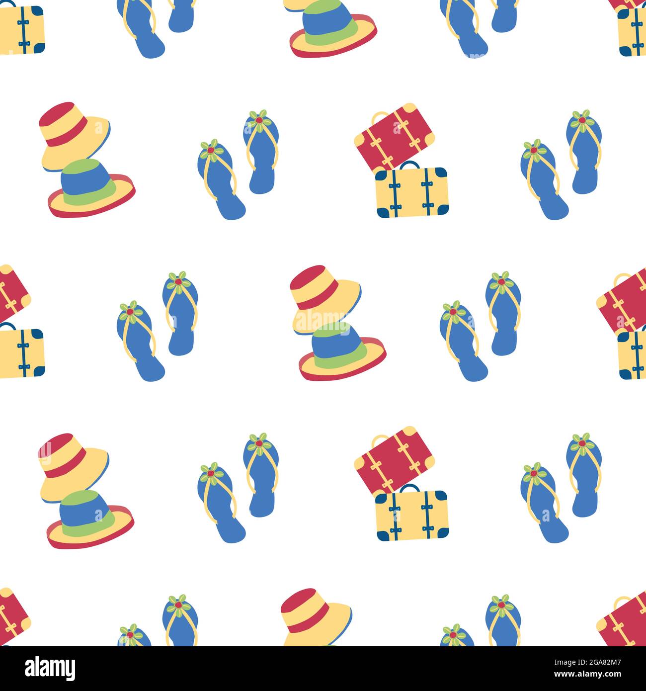 Vector travel fun seamless pattern background with flip flops, hats ...