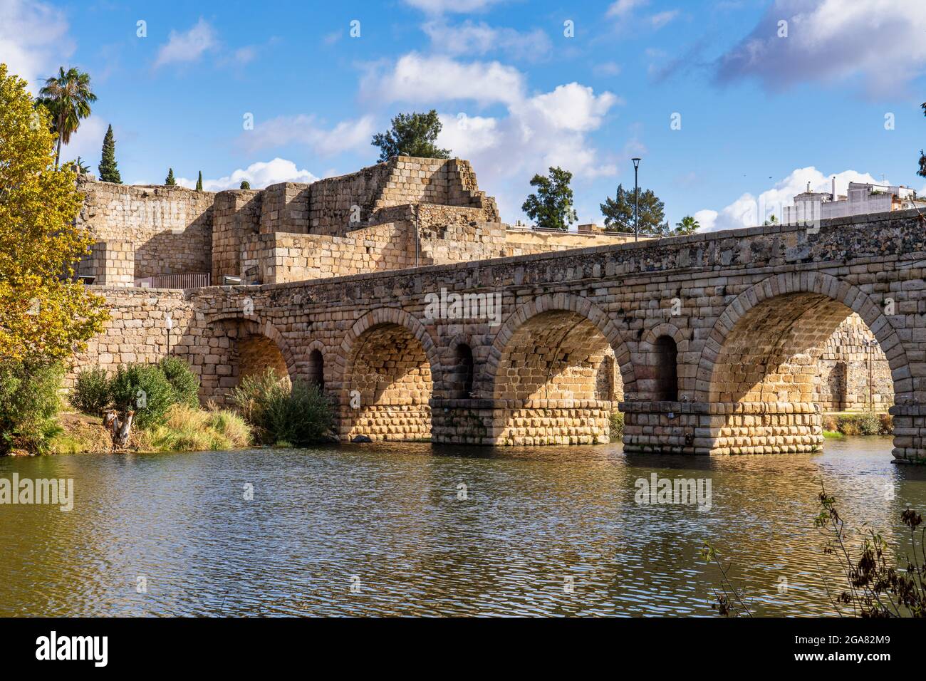 Puente Romano, the Roman Bridge in Merida, Extremadura, Spain. It is ...