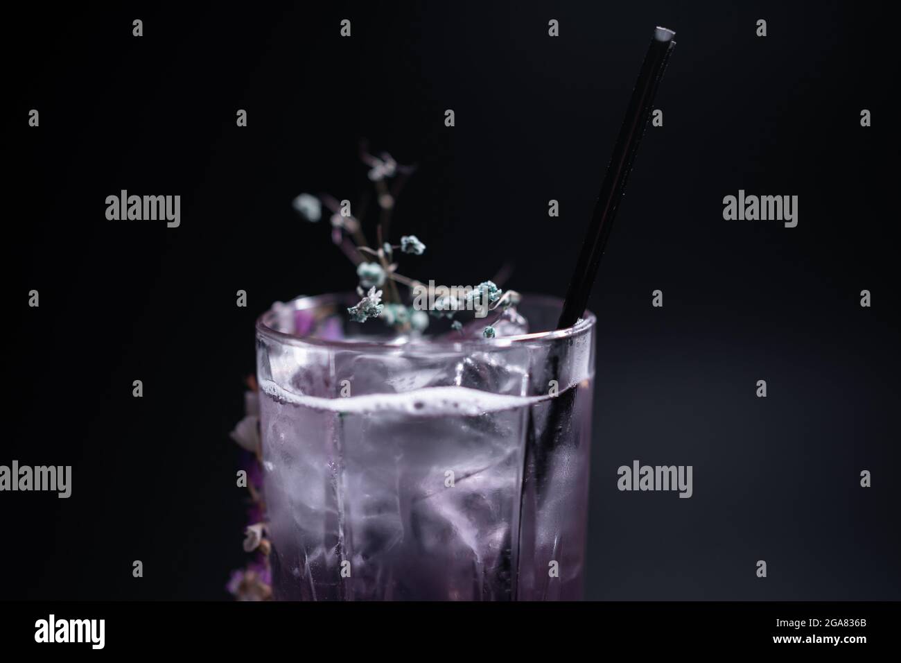 luxury violet fizz cocktail drink with flower decoration on black ...