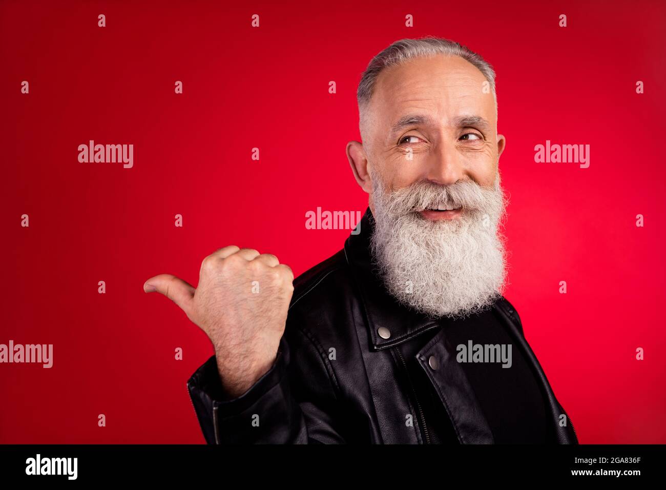 Profile side photo of aged man happy smile indicate thumb empty space ...
