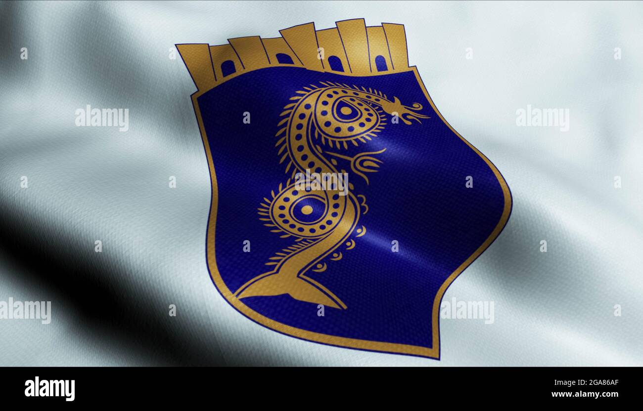 3D Illustration of a waving Albanian city flag of Pogradec Stock Photo ...