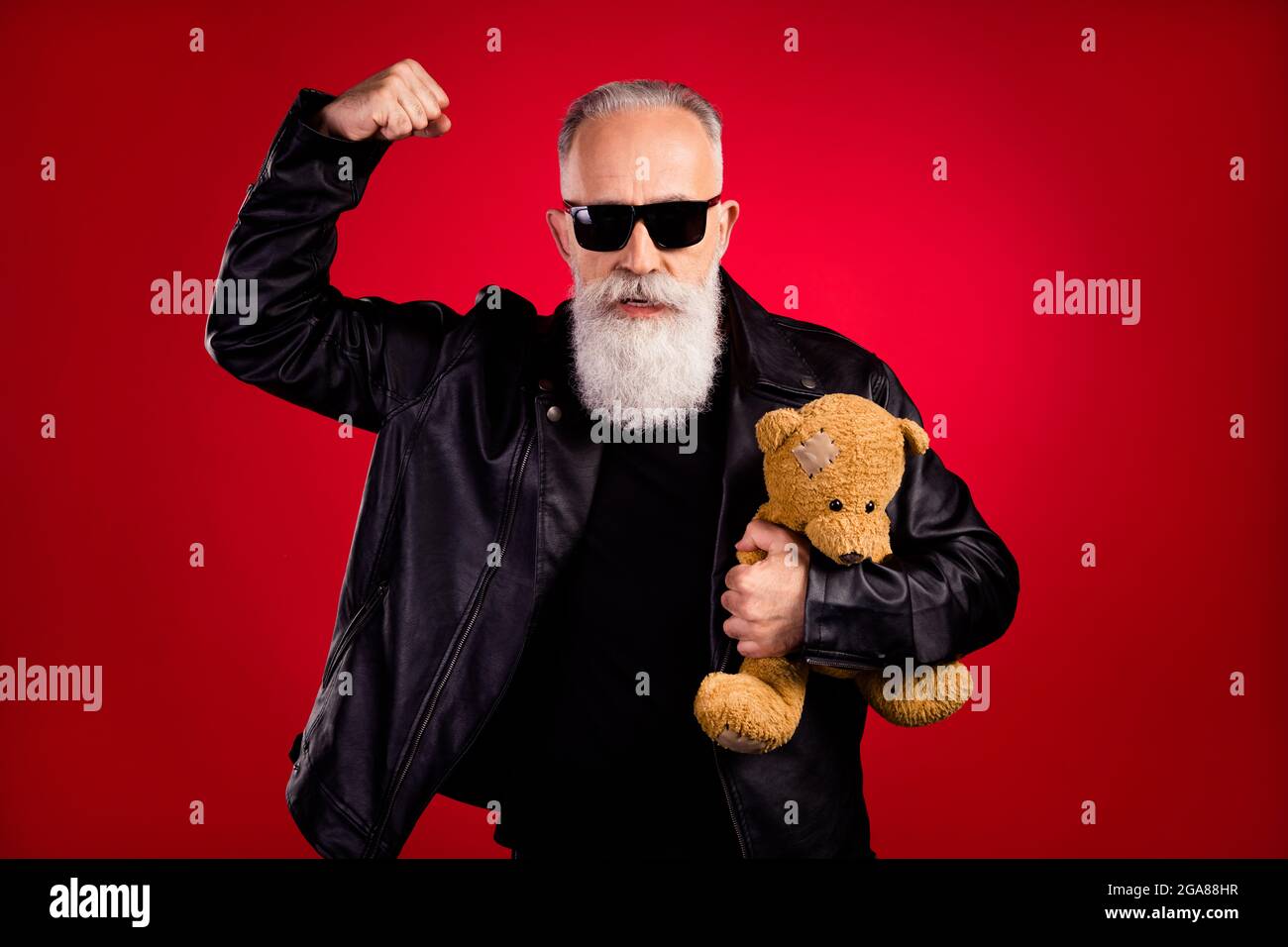 Photo of aged man serious confident ear eyeglasses hold hand strong ...