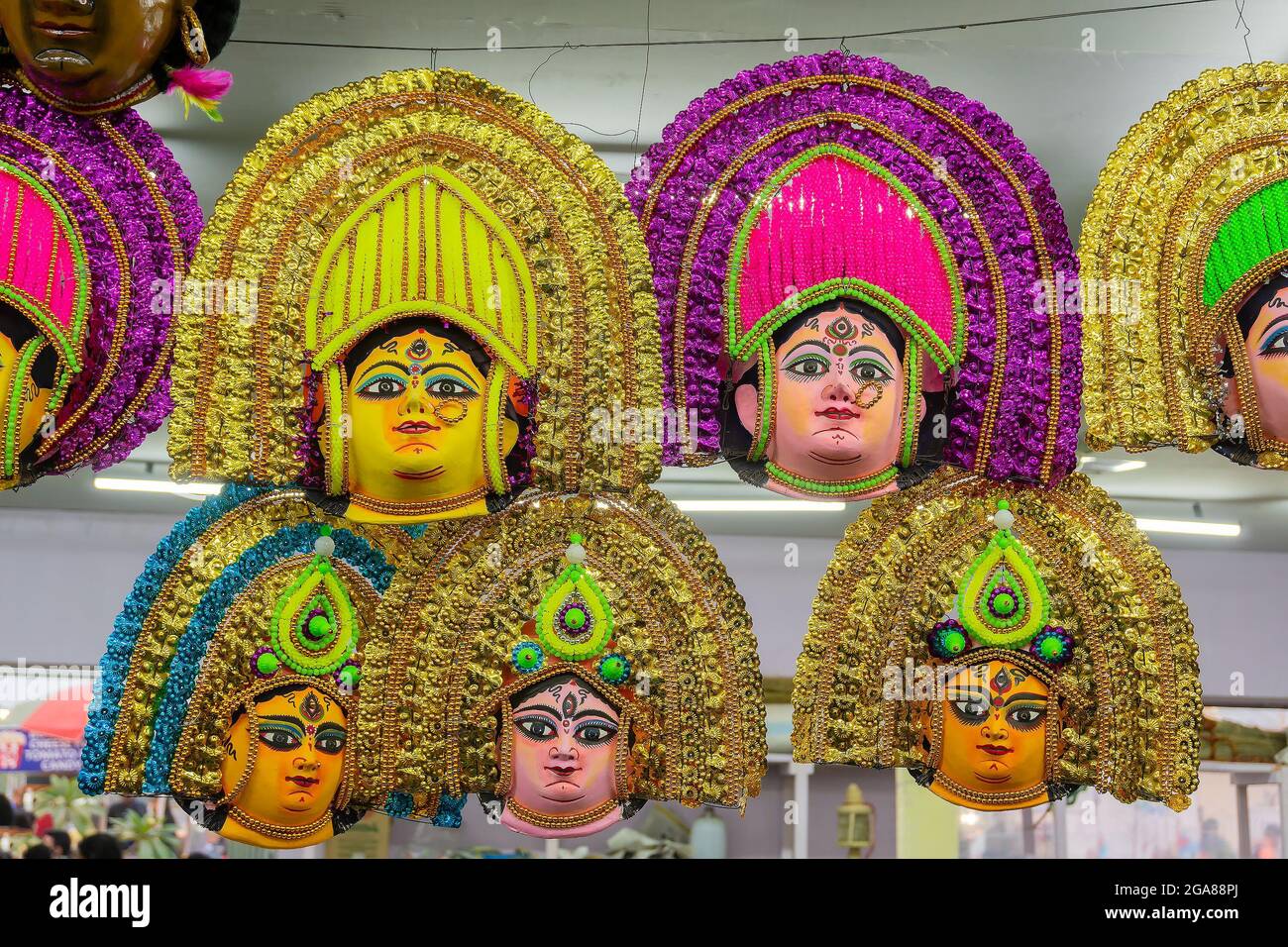 Colorful chhou masks of Hindu Goddess Durga, on display for sale at ...