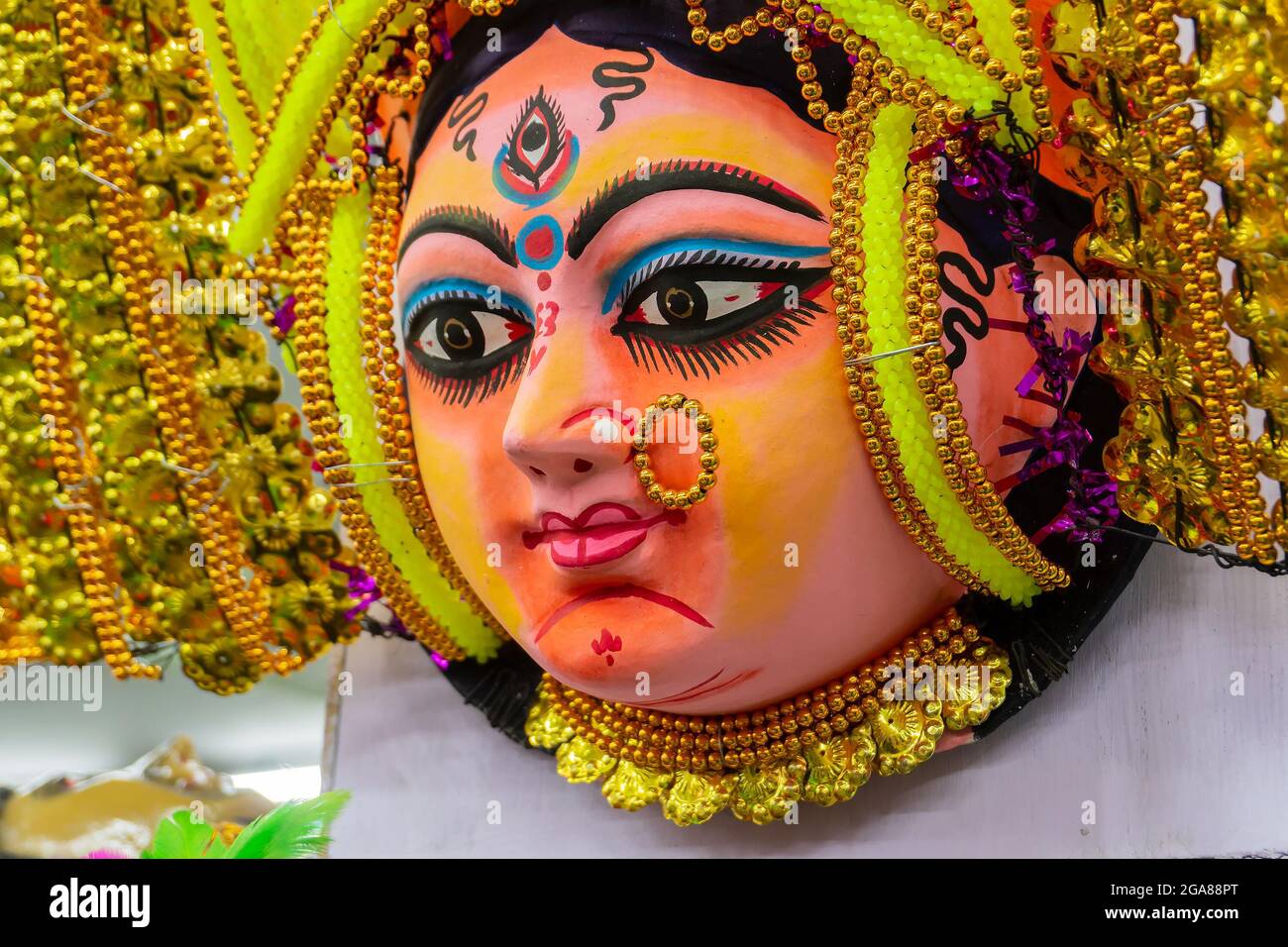 Colorful chhou masks of Hindu Goddess Durga, on display for sale at ...