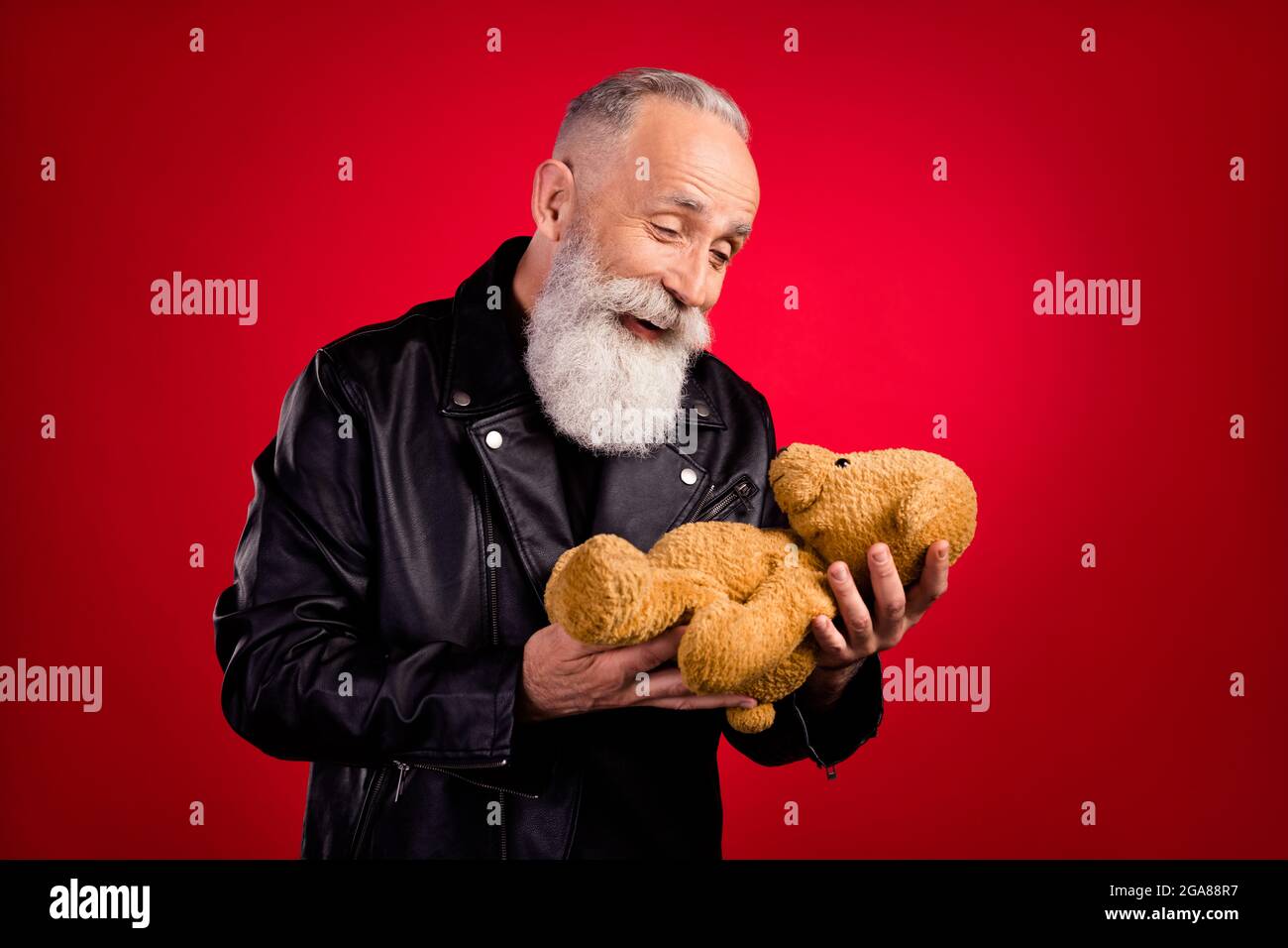 Photo of aged cheerful man happy positive smile look soft teddy bear ...