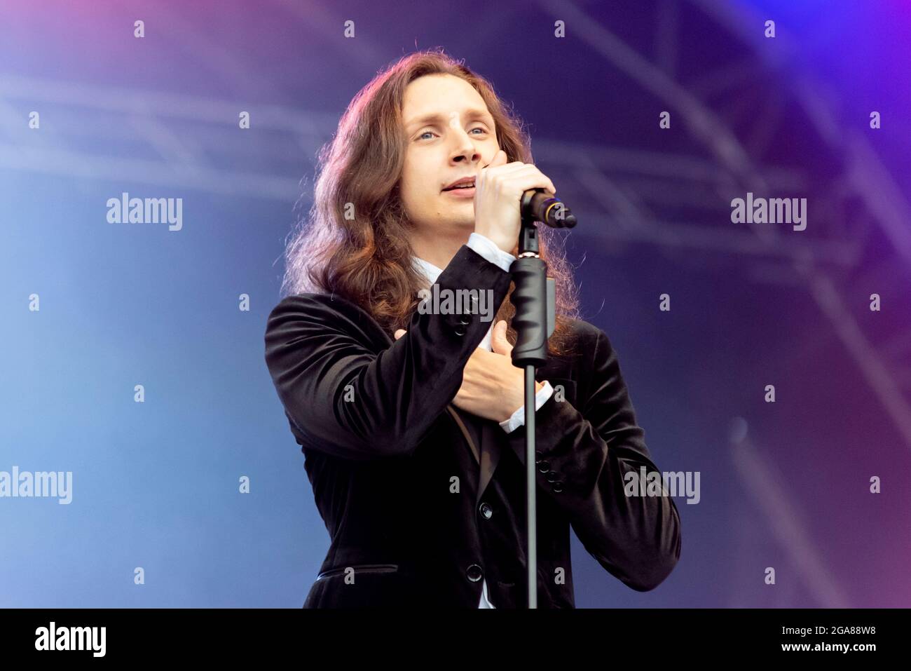 Thomas Redgrave of band Collabro performing live at a music festival at ...