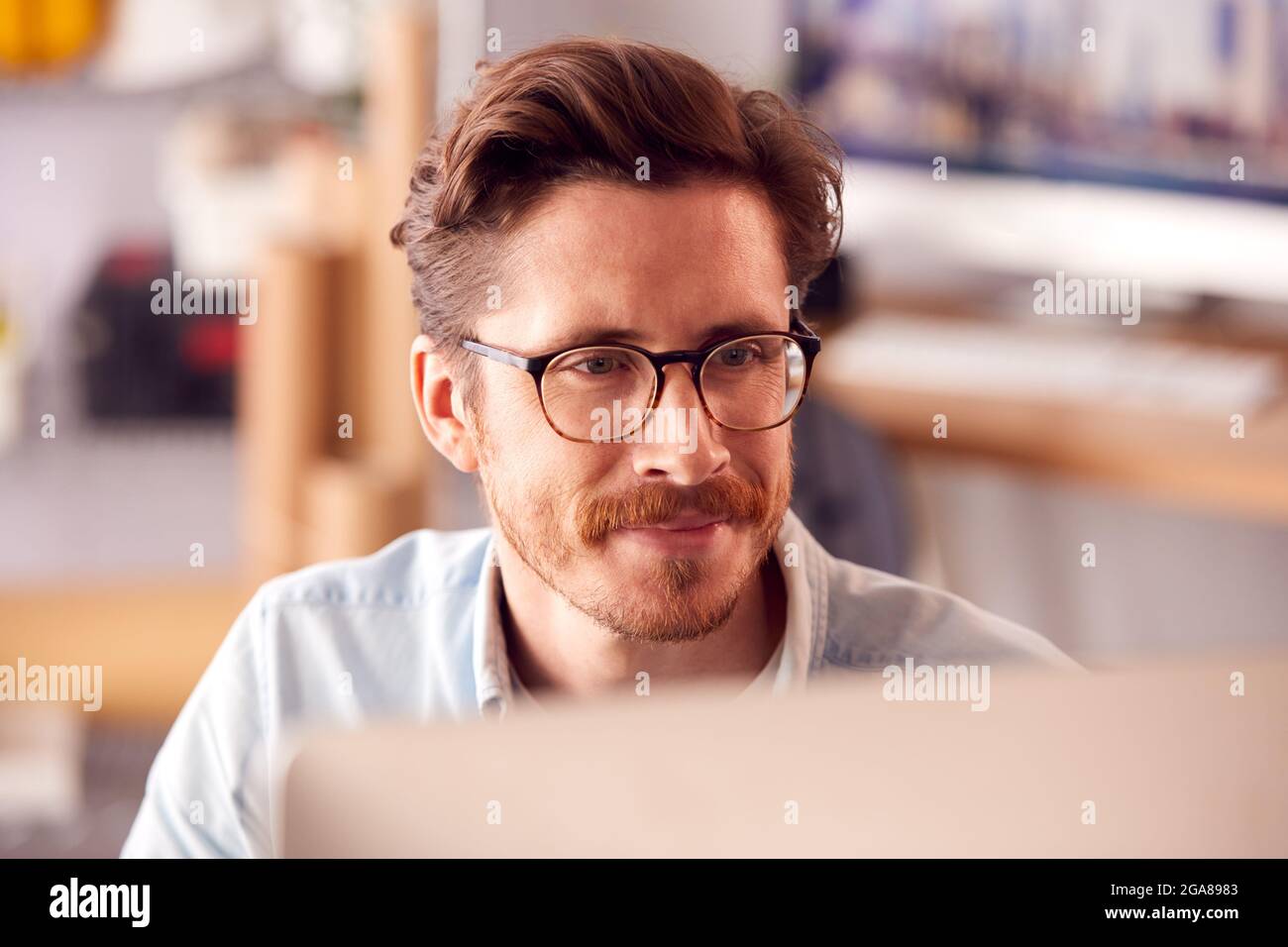 Close Up Of Male Architect In Office Working On Desktop Computer Viewed ...